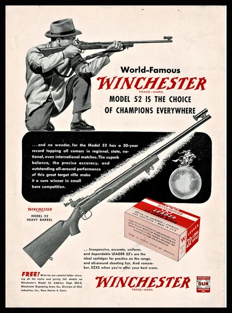 1949 WINCHESTER MODEL 52 Bolt Heavy Barrel Rifle PRINT AD with Leader ...