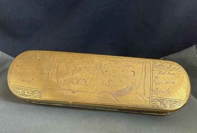 ANTIQUE 18TH CENTURY Copper Brass Dutch Story Marriage Tobacco Snuff ...