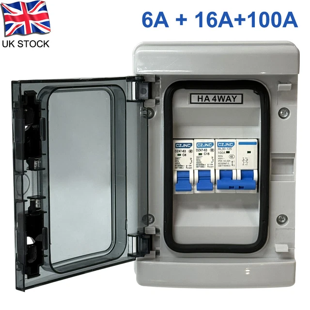 CONSUMER UNIT 6A+16A Mcb 100A Isolator 4-Way Weatherproof Garage Shed ...