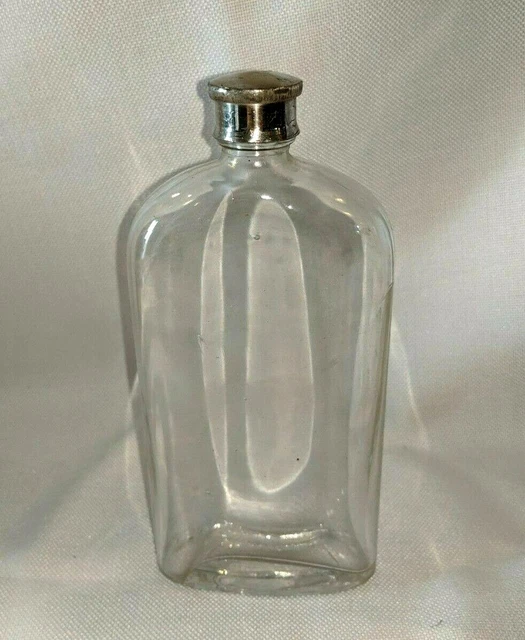 ANTIQUE GLASS ALCOOL Hip Flask Prohibition Era Metal Lid Cork Lined ...