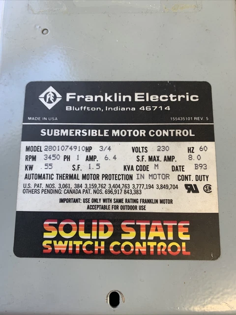 FRANKLIN ELECTRIC SUBMERSIBLE Motor Control Box Solid State 8 Amp 230 ...