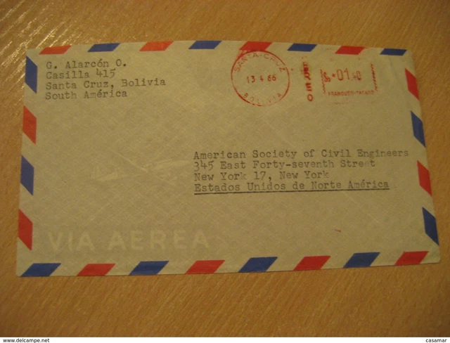 SANTA CRUZ 1966 To New York USA Cancel On Air Mail Cover Bolivia Flag £ ...