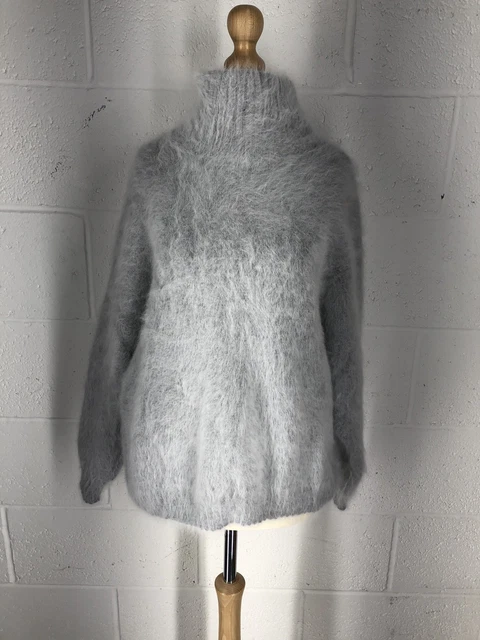 SOFT FLUFFY LONGHAIR Angora Sweater Polo NECK Jumper Grey Loose Fit ...