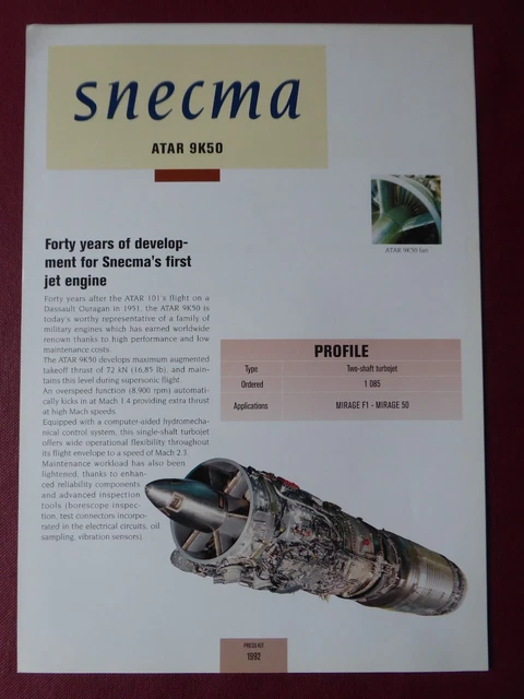 1992 DOCUMENT PUB Recto Verso Snecma Atar 9K50 Military Engine Mirage ...