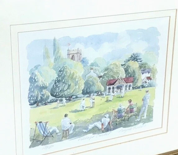 VINTAGE LIMITED EDITION Framed Print Village Cricket Signed Angela ...