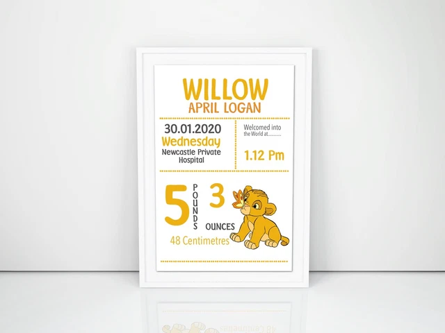 LION KING, SIMBA Personalised Baby Nursery Wall Art, Print Birth ...