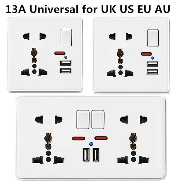 DOUBLE UK WALL Plug Socket 2 Gang 13A 2 Charger USB Ports Outlets ...