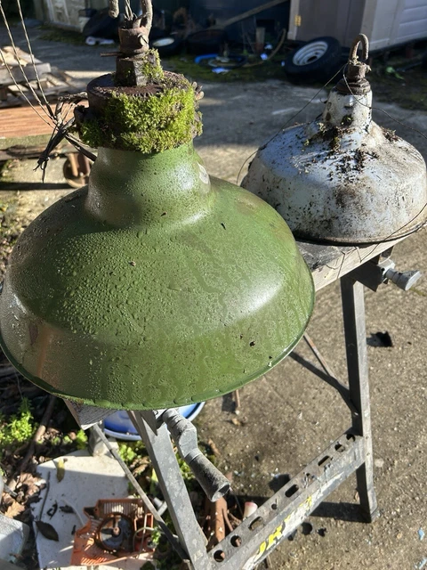 2 VINTAGE FACTORY Enamel Lamp Shade + gallery Rust Spots Patina ...