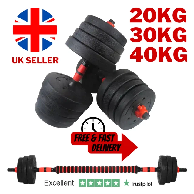 EXERSCI 20KG/30KG/40KG ADJUSTABLE Dumbbell & Barbell Weights Set £26.99 ...