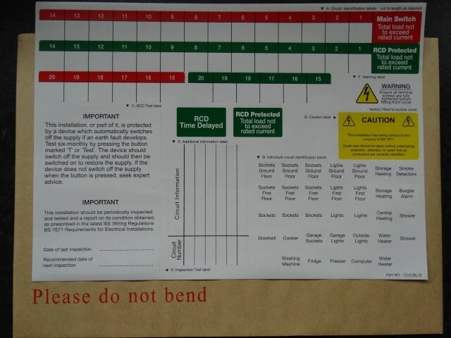 CONSUMER UNIT FUSE Board Circuit Identification Sheet of Stickers ...