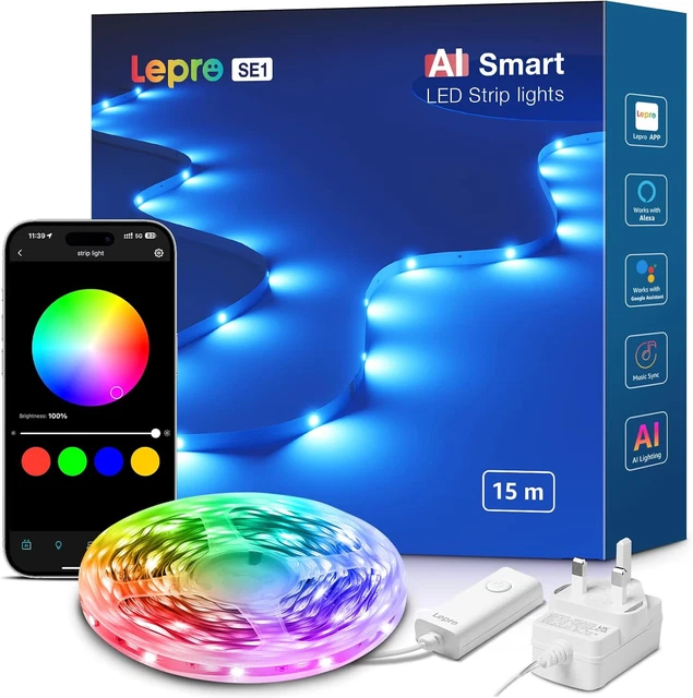 LEPRO SE1 AI Smart RGB LED Strip Light 15M Roll, Wifi App Voice Control ...