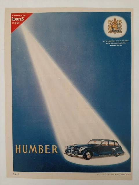VINTAGE AUSTRALIAN ADVERTISING 1952 ad ROOTES GROUP Humber car light ...