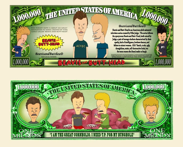 BEAVIS BUTT-HEAD MILLION Dollar Bill Play Funny Money Novelty Note ...
