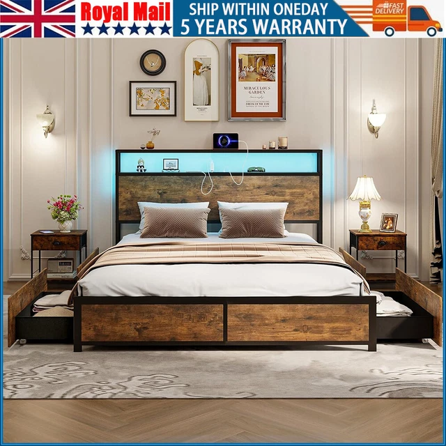 DOUBLE SIZE BED Frame Metal Bed Platform LED Lights Headboard & 4 ...