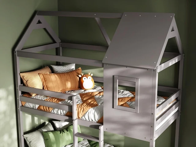 GREY WOODEN TREEHOUSE Bunk Bed Single Kids Safe Loft Bed w/ Storage £ ...