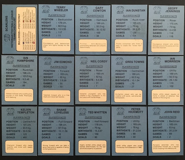 FOOTSCRAY 1981 VFL Scanlens Footy Cards Full Set + Checklist. Excellent ...