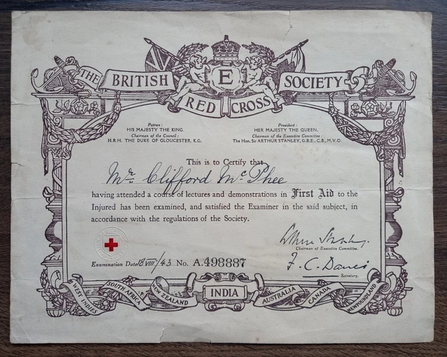 WW2 BRITISH RED Cross Society First Aid Certificate Dated 1943 £9.04 ...