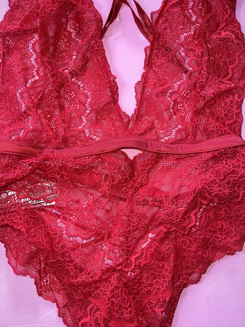 Victorias Secret 36c Bra Set M Panty Teddy Garter Corset Red Lace
