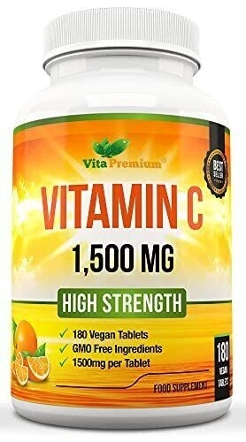 VITAMIN C 1500MG per Tablet, High Strength 180 Vegan Tablets, Food ...