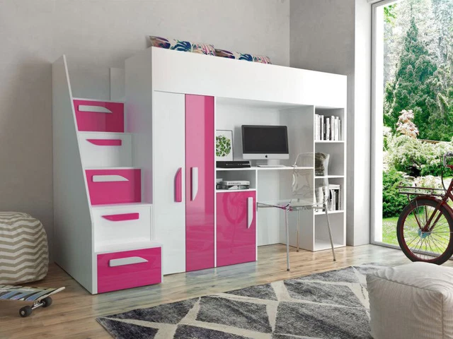 MEZZANINE DE LIT Lits Superposés 90x200cm Blanc - Rose Haute Brillance ...