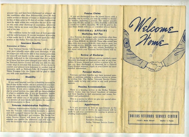 WELCOME HOME BROCHURE Dallas Veterans Service Center 1940's £13.84 ...