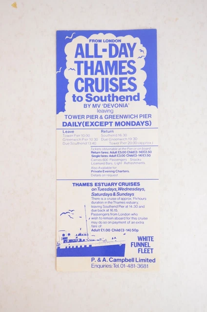 FERRY TIMETABLE LEAFLET White Funnel Fleet Southend by MV Devonia 1977 ...
