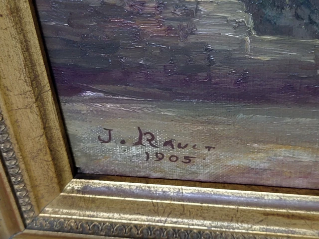 TABLEAU ANCIEN SIGNÉ J. RAULT. Paysage Animé. Peinture huile sur toile ...