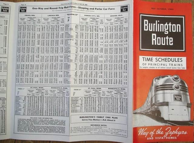 BURLINGTON ROUTE 1963 Railroad Time Table, Times Tables, Zephyrs and ...