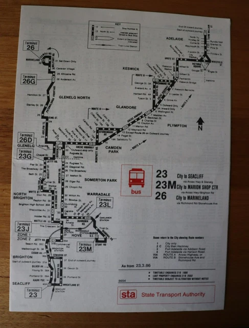 STATE TRANSPORT AUTHORITY Adelaide bus timetable dated 23 March 1986 $9 ...