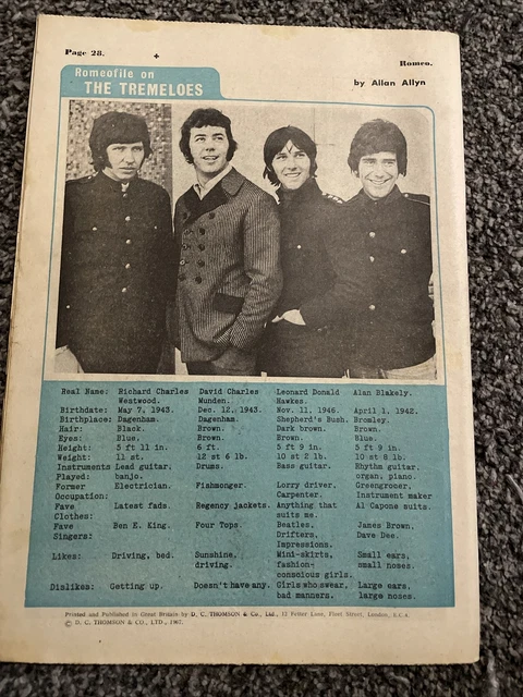 ROMEO MAY 1967BRITISH-TABLOID ROMANCE COMIC-Pop Music The Tremeloes Pin ...