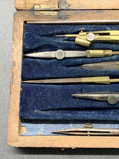 ANCIEN COFFRET BOÎTE Bois Compas Instrument Mesure Dessin Géométrie ...