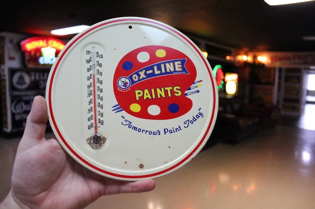 RARE 1950S OX-LINE PAINT STORE METAL THERMOMETER SIGN FARM BULL GAS OIL ...