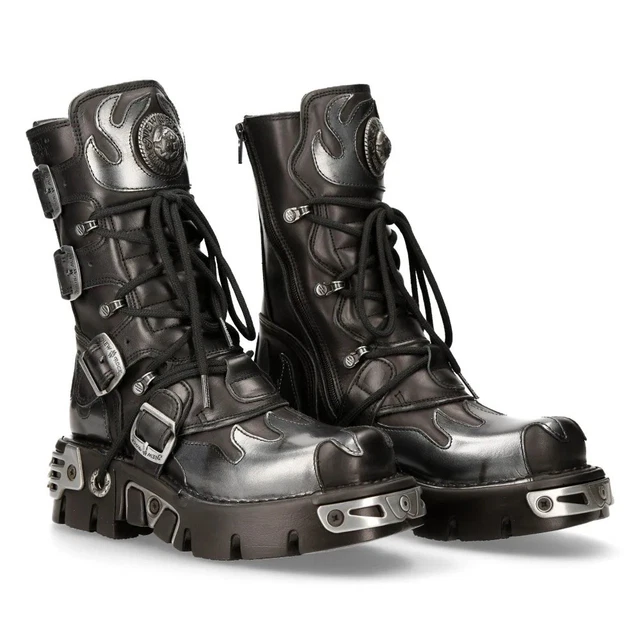 New Rock 591 S2 Blacksilver Gothic Leather Flame Boots Eu40 New Never 2679