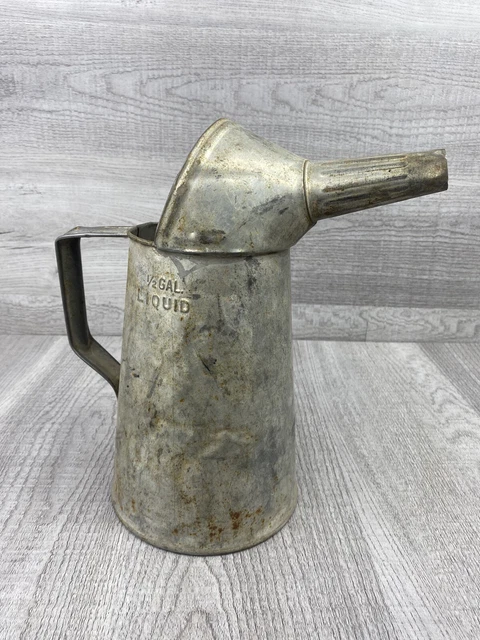 VINTAGE GALVANIZED OIL Fill Can Funnel Filler RAT ROD GARAGE 1/2 Gallon ...