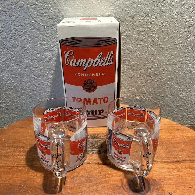 ANDY WARHOL SET Of 2 Campbell's Soup Glass Mugs, Block, Signed NIB £39. ...