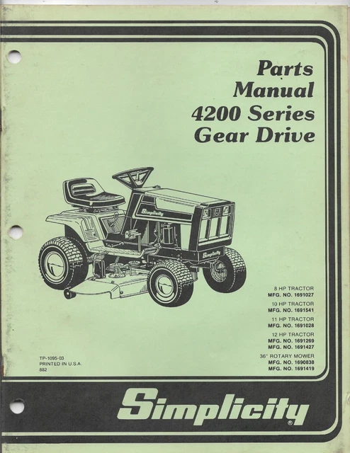 SIMPLICITY MOWER LAWN TRACTOR 4200 SERIES GEAR DRIVE 8 10 11 12 HP ...