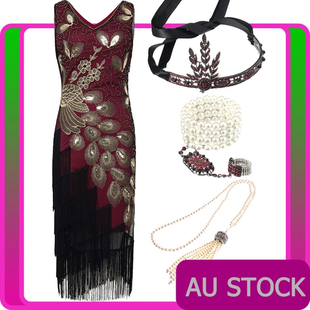 DELUXE LADIES 20S 1920s Roaring Flapper Costume Sequin Gatsby Red Fancy ...