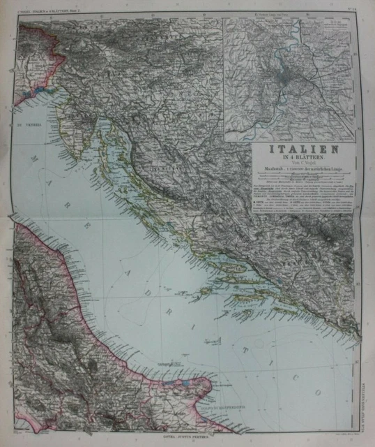 MAPPA ANTICA ORIGINALE MARE ADRIATICO, COSTA DALMATA, CROATIA, ITALIA ...