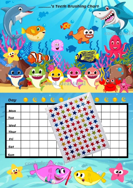 BABY SHARK KIDS Children 6 Weeks Teeth Brushing A4 Reward Chart ...