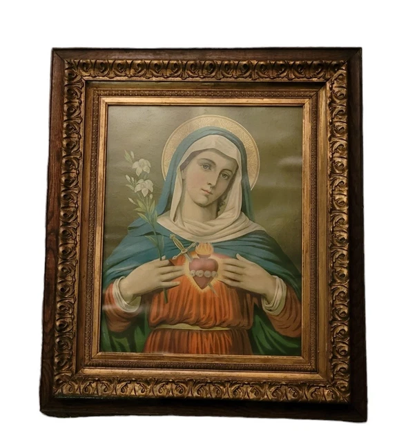 ANTIQUE IMMACULATE SACRED Heart of Mother Mary Religious Print Gold ...