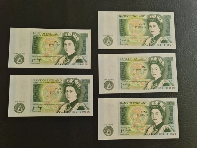 5 X CONSECUTIVE Bank Of England One Pound Notes J.Page Near About ...