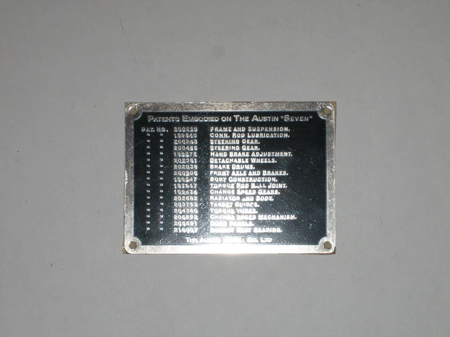 AUSTIN 7 SEVEN Dashboard Patent Plate-Magneto Engined Models 1923-1928 ...
