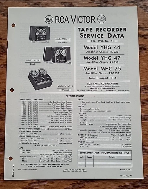 VINTAGE RCA VICTOR Tape Recorder Service Data Model YHG 44 47 MHC 75 ...