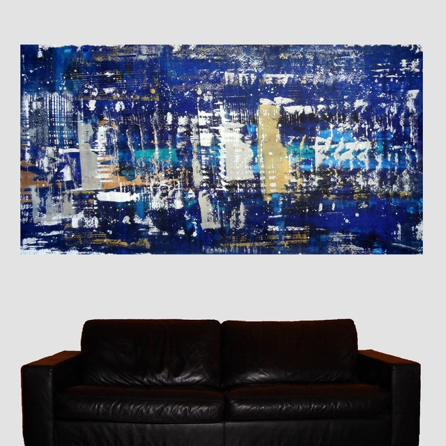ORIGINAL KÜNSTLER XXL Acryl Gemälde Abstrakt Modern Kunst blau gold weiß Bild EUR 199,00 ...