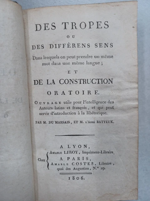 DES TROPES ET de la construction oratoire 1806 EUR 16,00 - PicClick FR