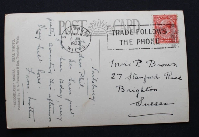 'TRADE FOLLOWS THE PHONE' Salisbury, Wilts. 1933 Slogan postmark on a S ...