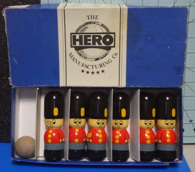VINTAGE THE HERO mfg handmade wooden skittles Roger Copple Guardsmen £ ...