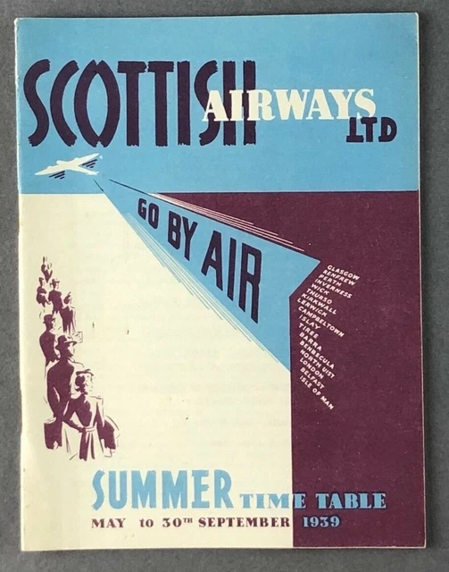 SCOTTISH AIRWAYS AIRLINE Timetable May - September 1939 Route Map £179. ...