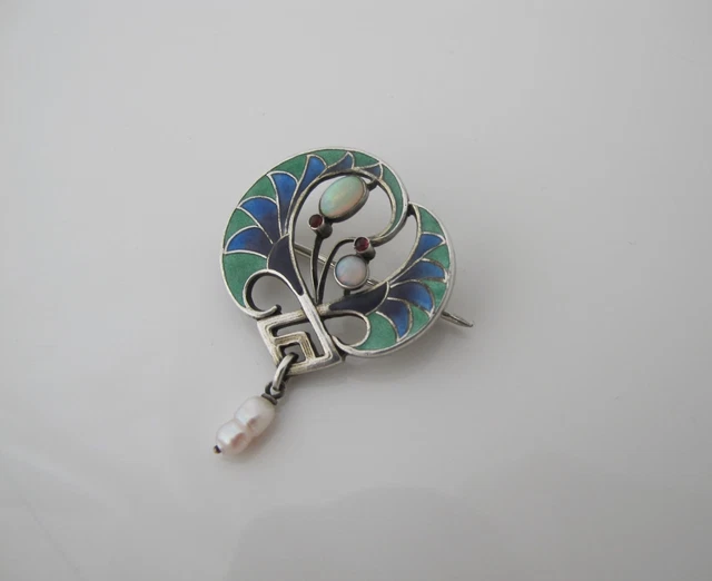 JUGENDSTIL SILVER & enamel brooch with opals & rubies Levinger ...