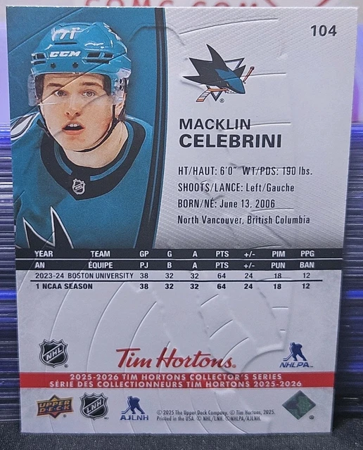 25-26 TIM HORTON'S Macklin Celebrini 🚨🚨🚨 San Jose Sharks $3.99 ...